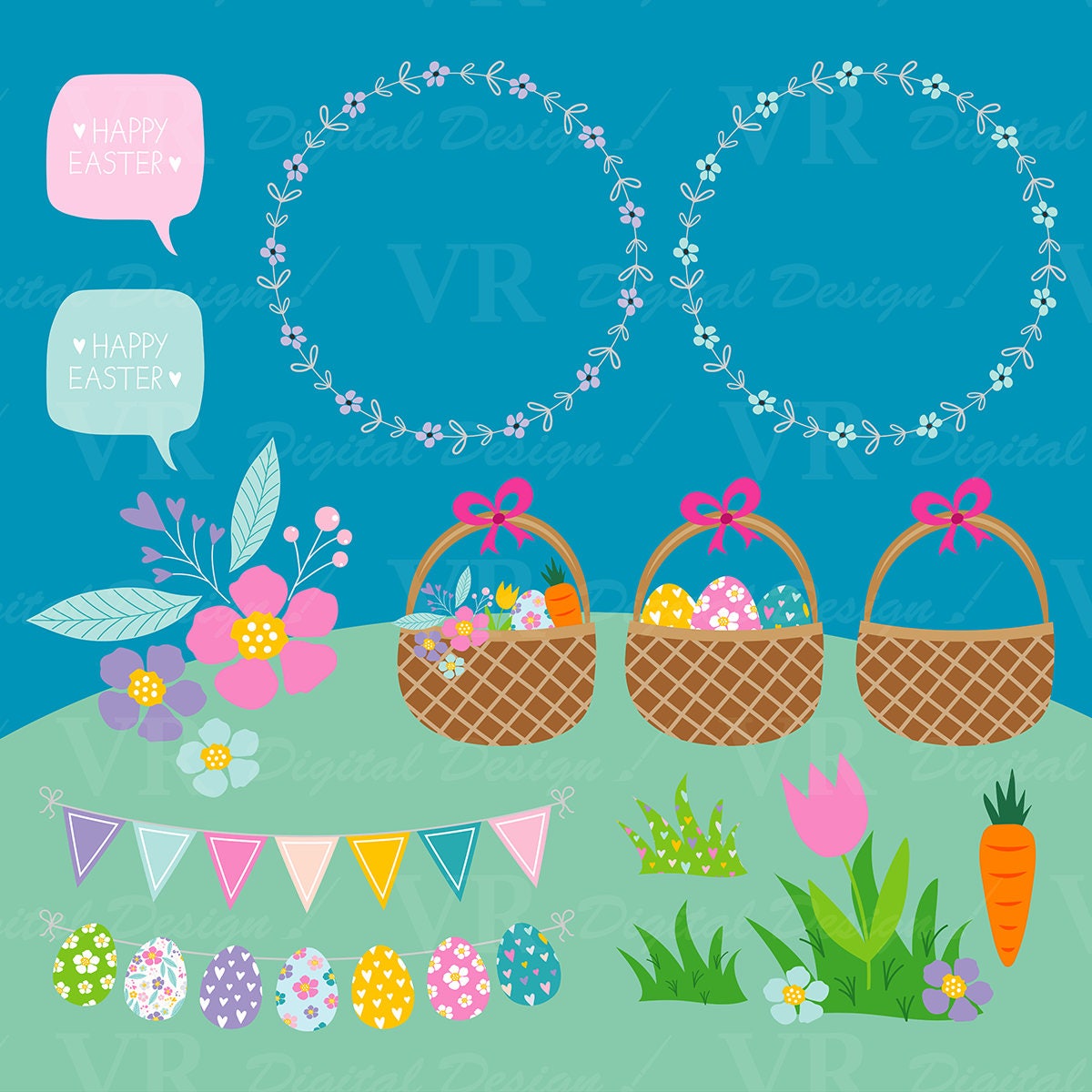 Easter Bunny Digital Clipart, Easter Rabbit Clipart, Easter Eggs ...