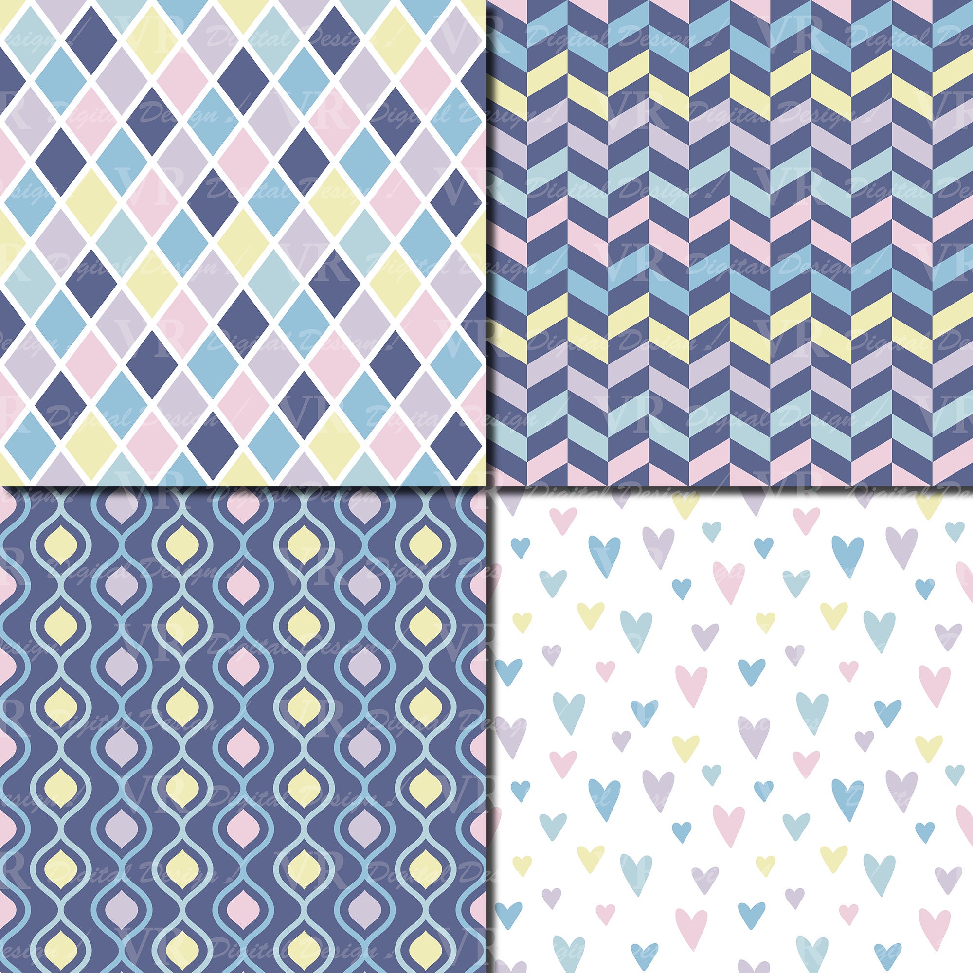 Pastel Geometric Digital Paper / Blue, Purple, Pink, Yellow Seamless ...