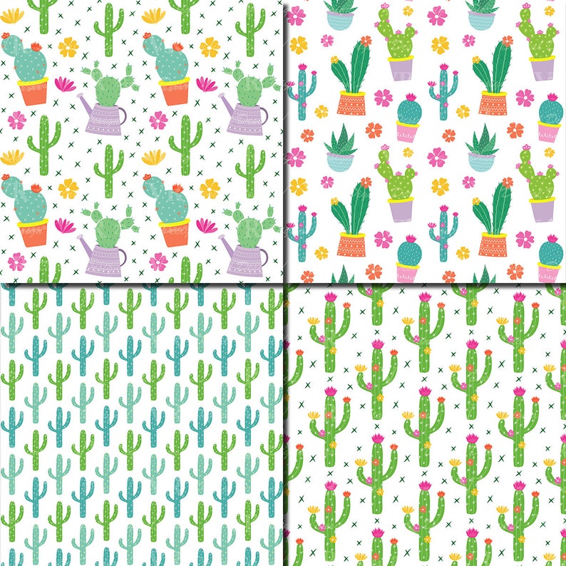Cactus Digital Paper, Cute Cacti Plants Seamless Patterns, Bright ...
