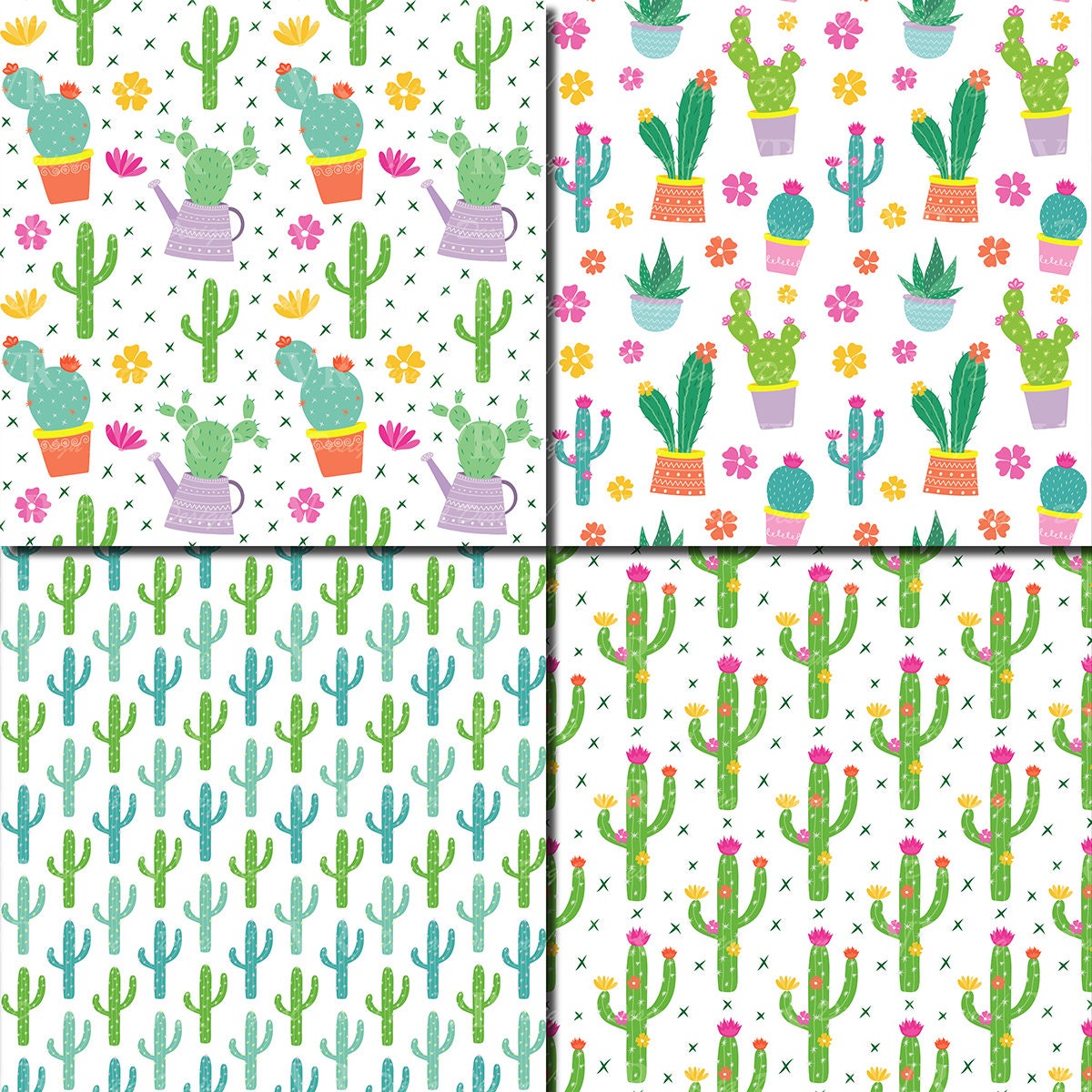 Cactus Digital Paper, Cute Cacti Plants Seamless Patterns, Bright ...