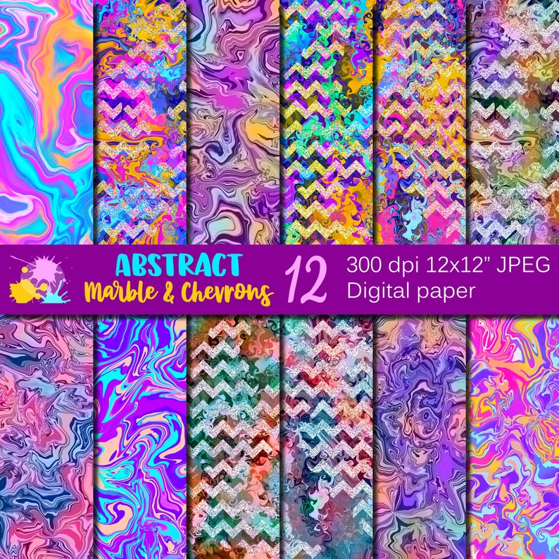 Bright Abstract Marble and Glitter Chevrons Digital Paper / Colorful ...