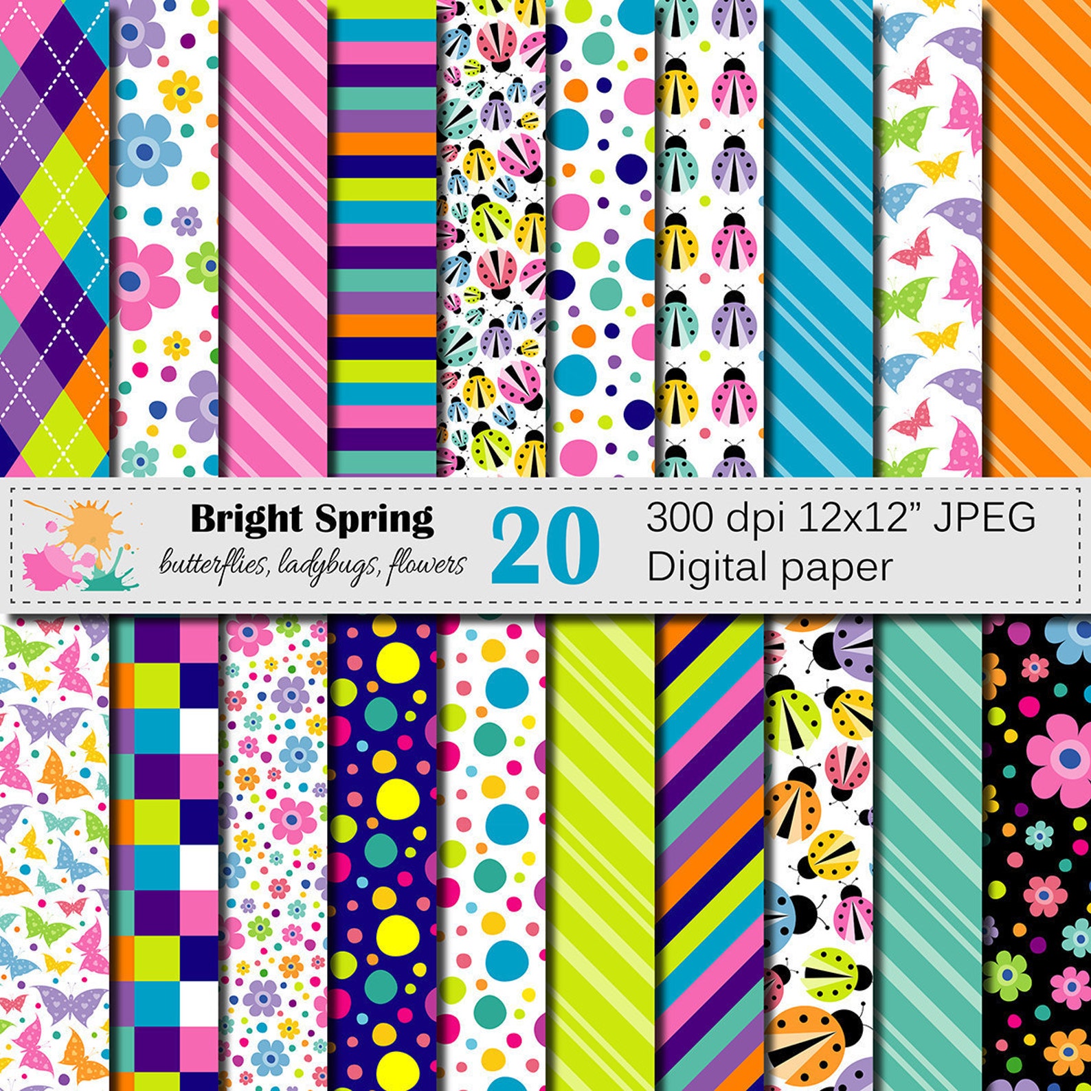 Bright Spring Digital Paper Set With Butterfly Ladybugs and Flowers ...
