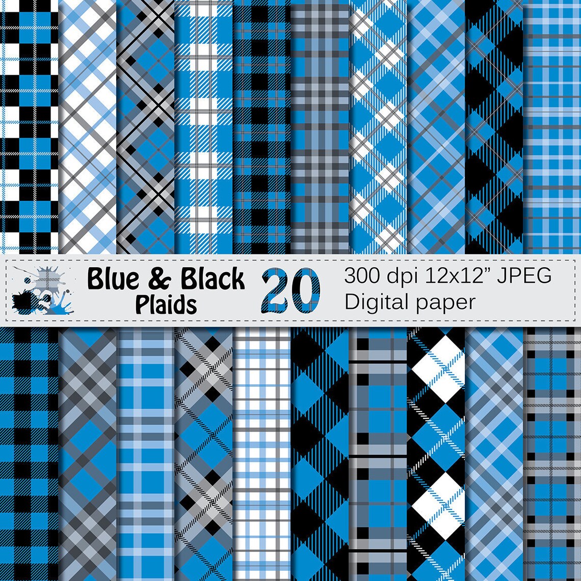Blue and Black Plaids Digital Paper, Buffalo Plaid Lumberjack Check ...