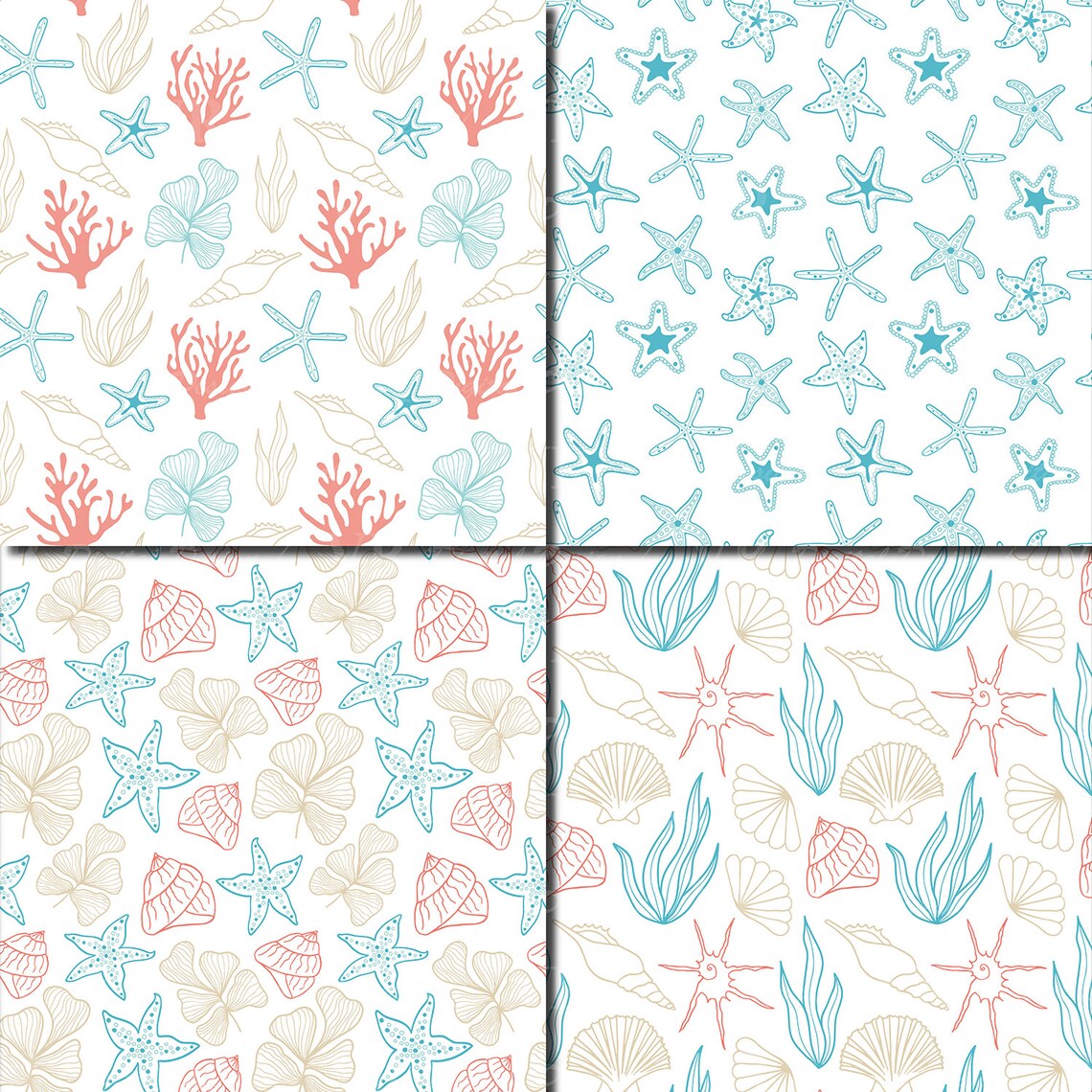 Sea Life Digital Paper With Seashells, Starfish and Corals, Ocean ...