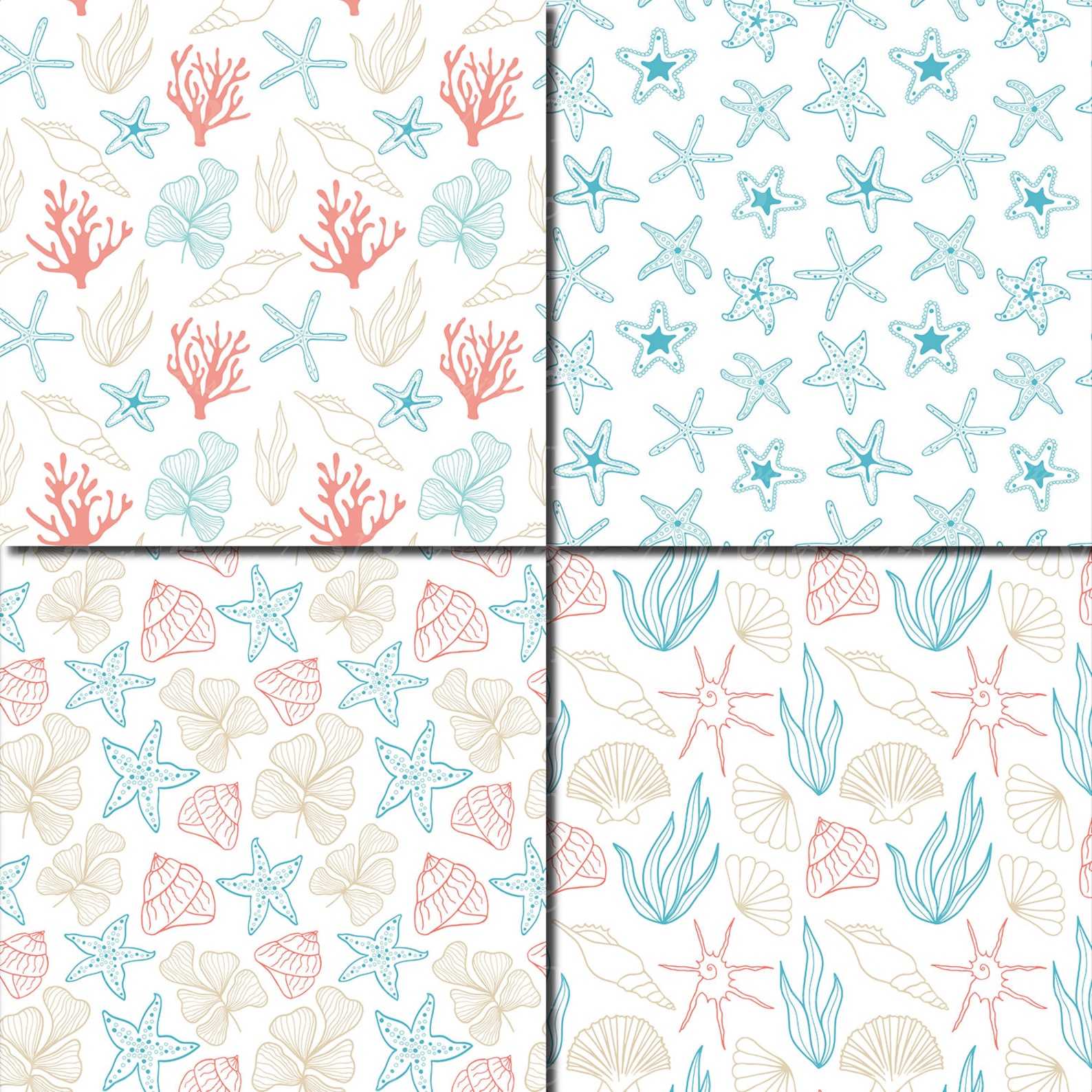 Sea Life Digital Paper With Seashells, Starfish and Corals, Ocean ...