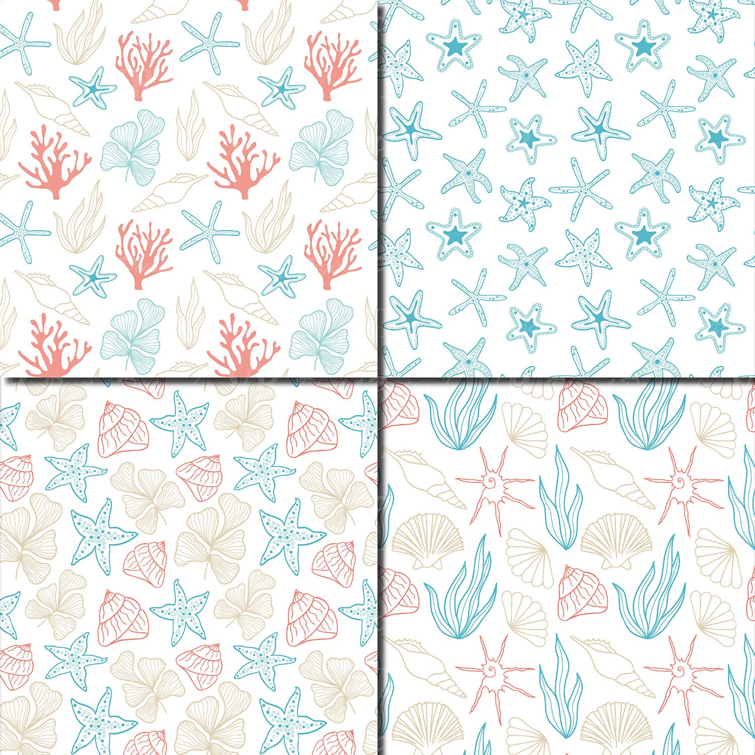 Sea Life Digital Paper With Seashells, Starfish and Corals, Ocean ...