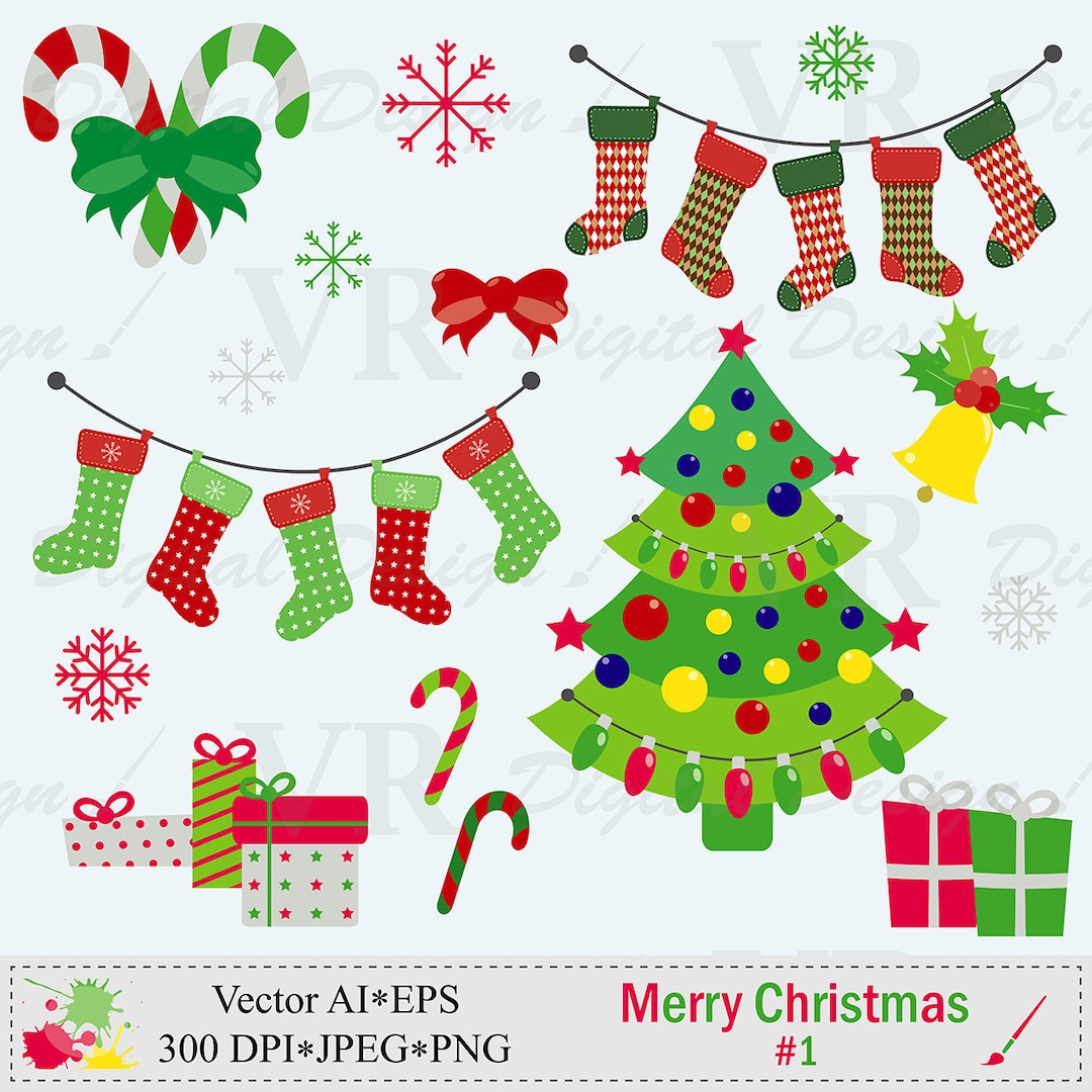 Merry Christmas Clip Art, Christmas Tree Clipart, Christmas Stockings ...