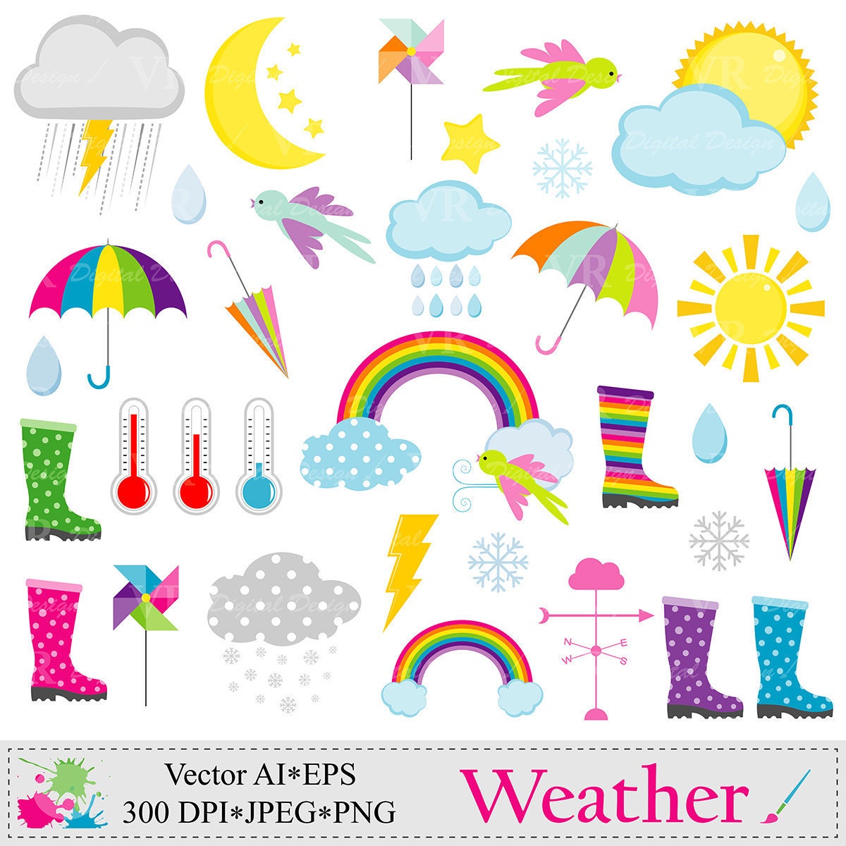 Weather Clip Art, Weather Clipart, Rain Clouds Sun Snow Storm Umbrella ...