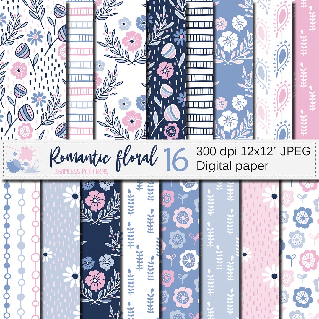 Romantic Floral Digital Paper, Blue and Pink Flowers Seamless Pattern ...