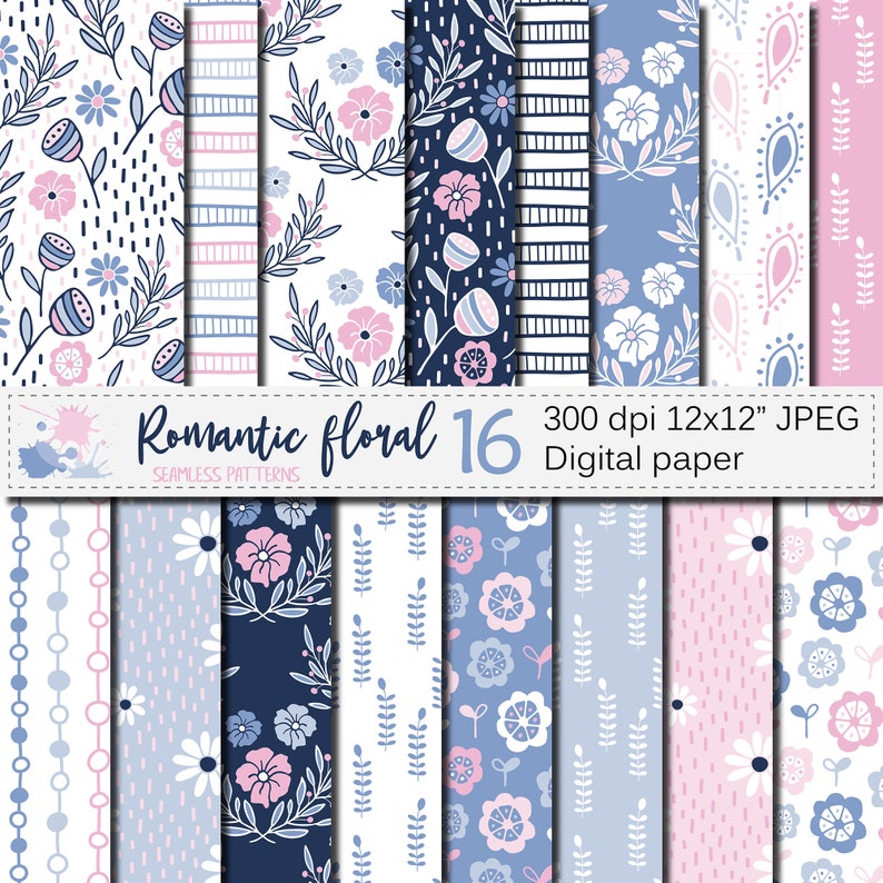 Romantic Floral Digital Paper, Blue and Pink Flowers Seamless Pattern ...