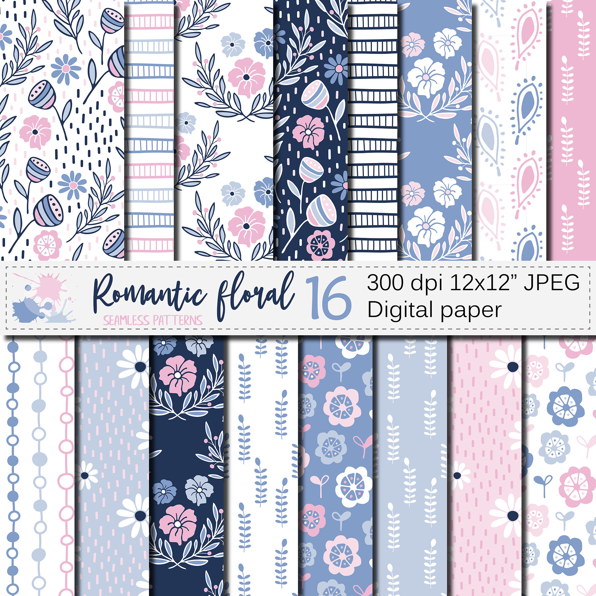 Romantic Floral Digital Paper, Blue and Pink Flowers Seamless Pattern ...
