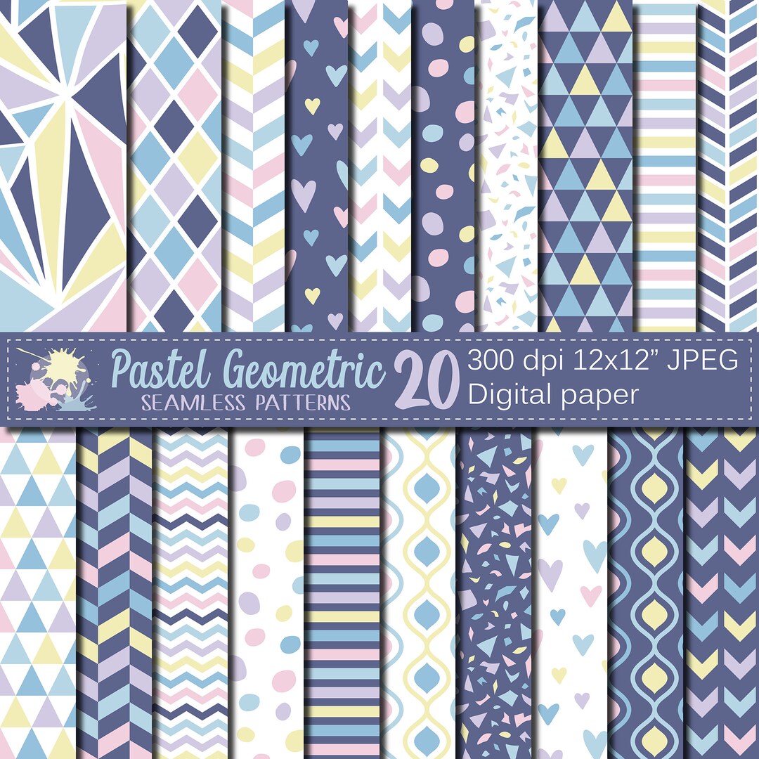 Pastel Geometric Digital Paper / Blue, Purple, Pink, Yellow Seamless ...