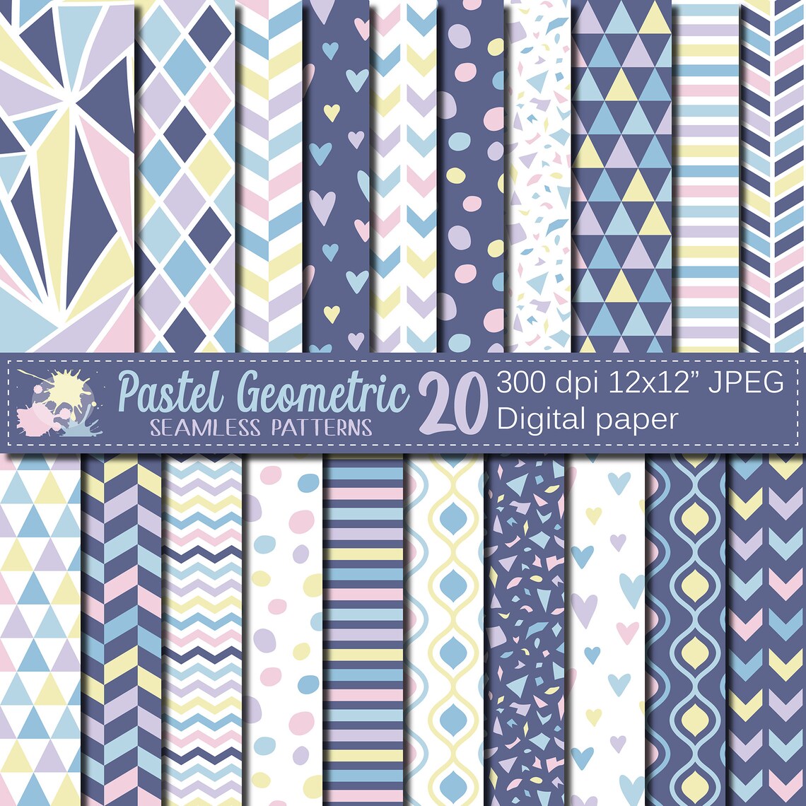 Pastel Geometric Digital Paper / Blue, Purple, Pink, Yellow Seamless ...