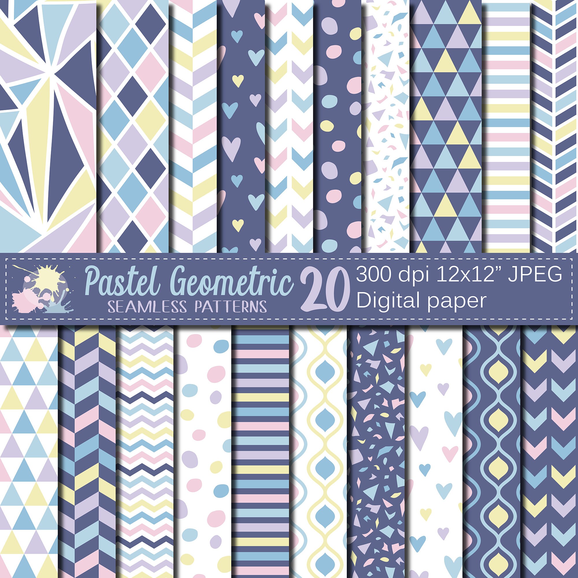 Pastel Geometric Digital Paper / Blue, Purple, Pink, Yellow Seamless ...
