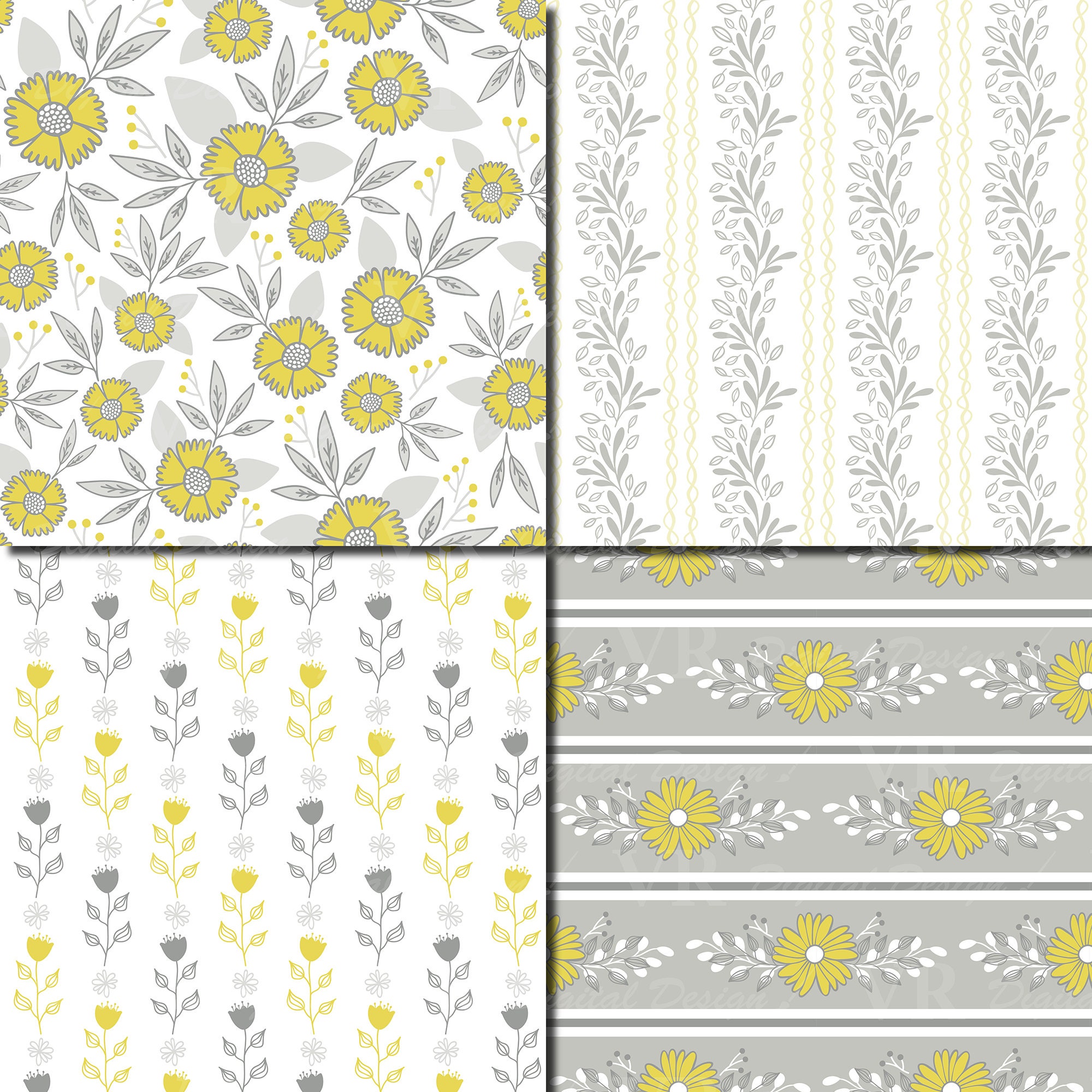 Yellow and Gray Floral Digital Paper, Floral Seamless Pattern, Flowers ...