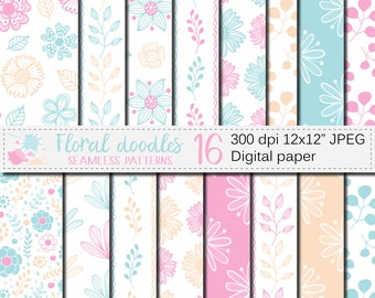 Aqua Blue and Pink Floral Digital Paper Flower Doodles - Etsy