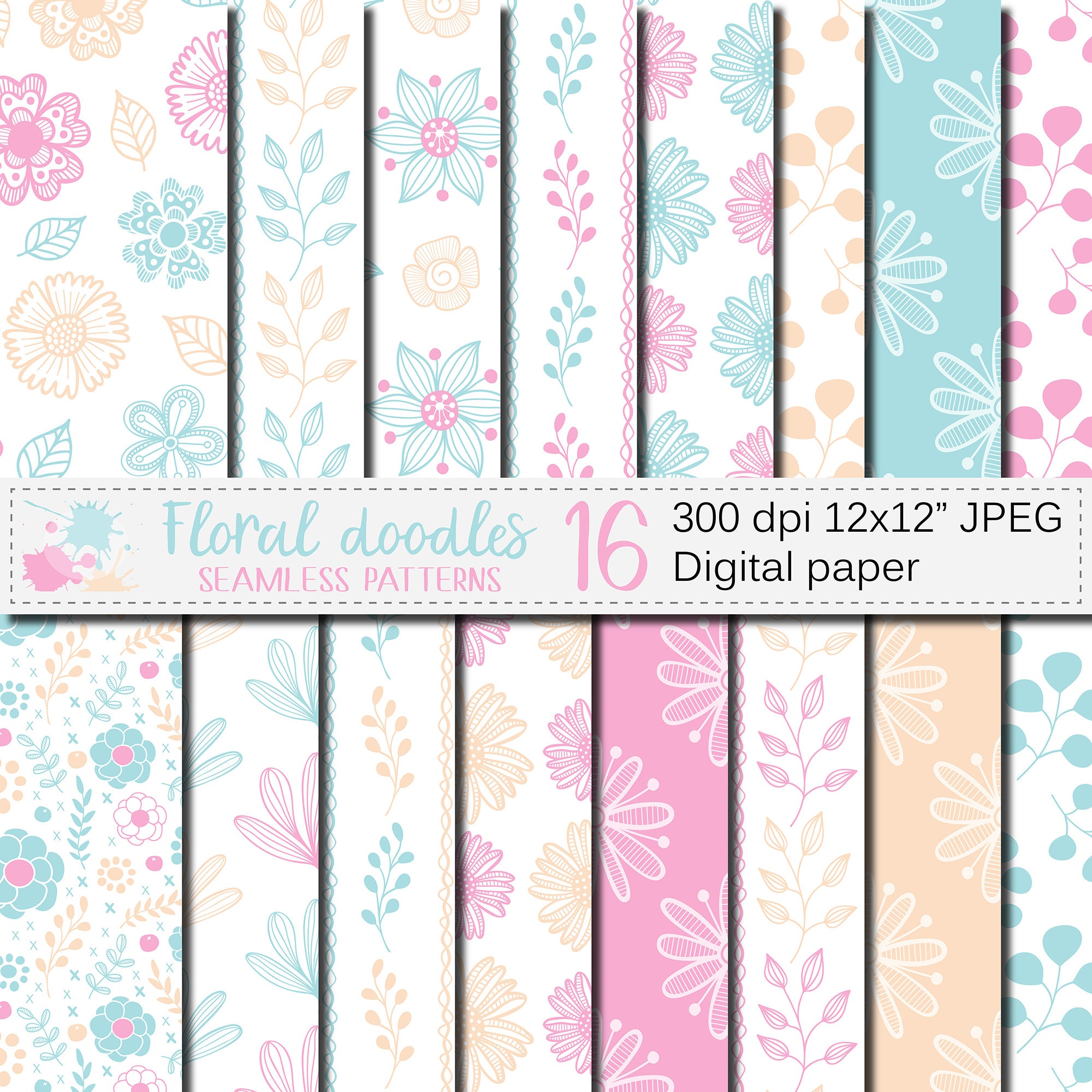 Aqua Blue and Pink Floral Digital Paper, Flower Doodles Seamless ...