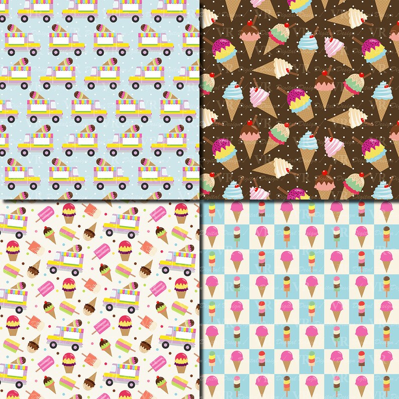 Ice Cream Digital Paper Set With Cones and Popsicles, Summer Digital ...