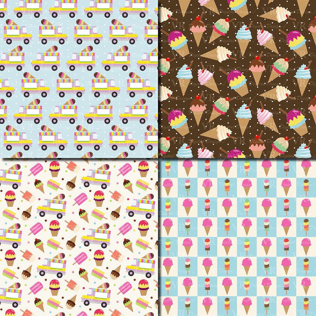 Ice Cream Digital Paper Set With Cones and Popsicles, Summer Digital ...