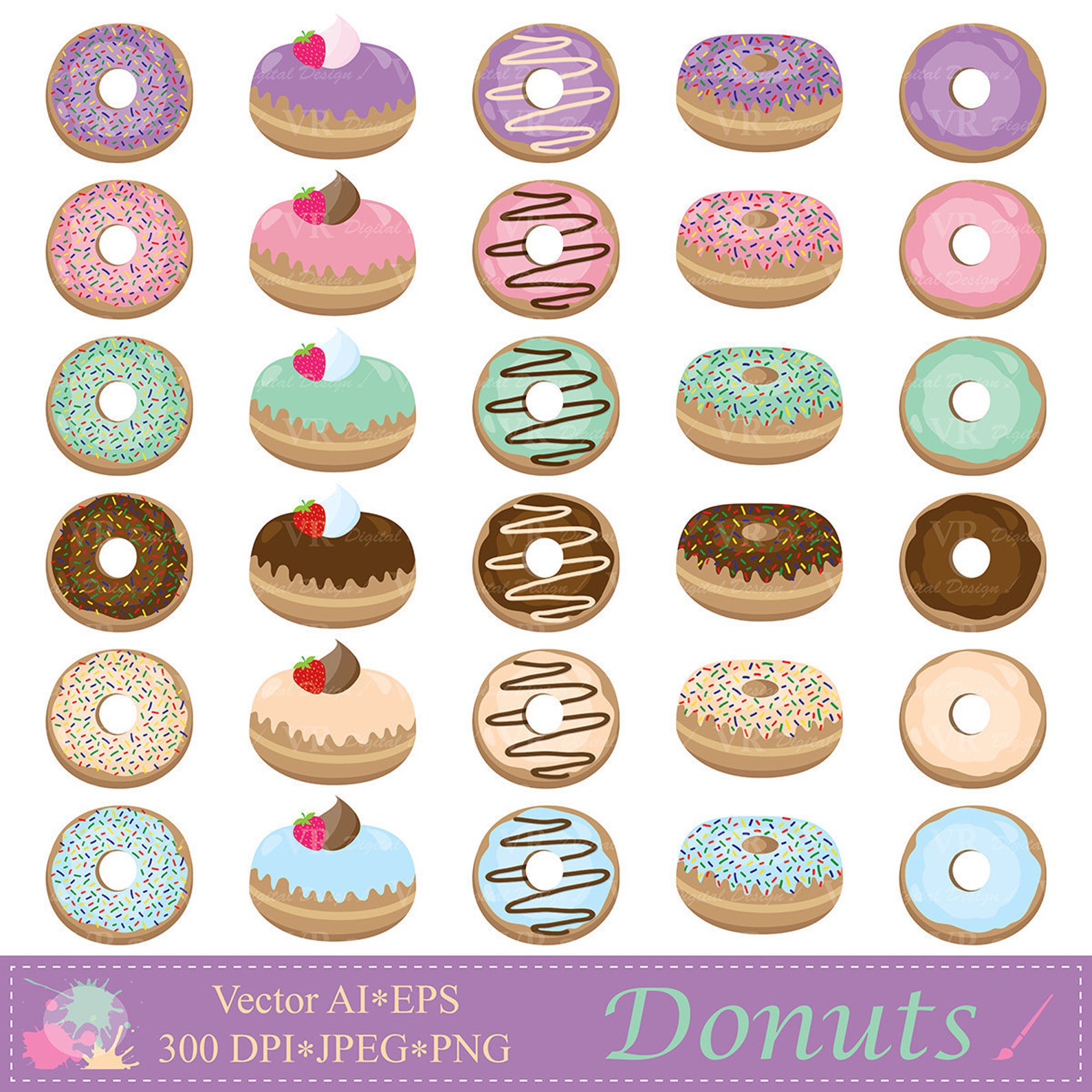 Donuts Clip Art, Doughnut Clipart, Dessert Clipart, Cute Glazed ...