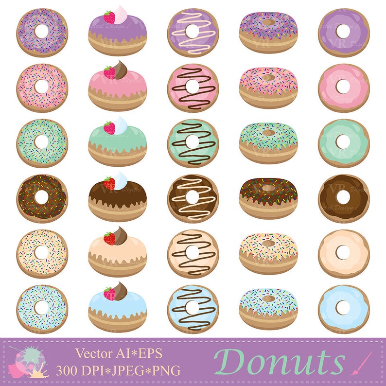 Donuts Clip Art, Doughnut Clipart, Dessert Clipart, Cute Glazed ...
