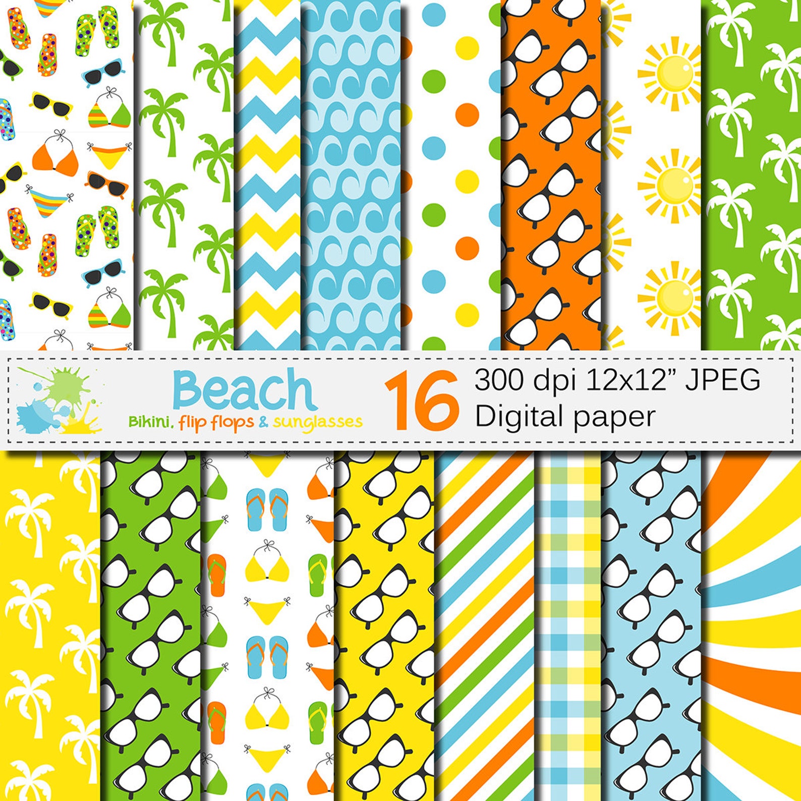 Beach Digital Paper, Summer Backgrounds With Flip Flops, Bikini ...