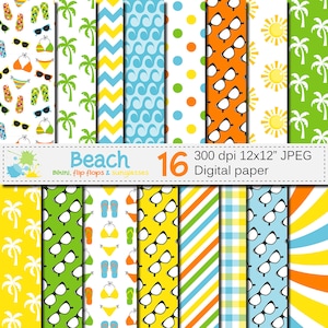 Beach Digital Paper, Summer Backgrounds With Flip Flops, Bikini ...