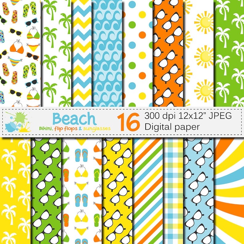 Beach Digital Paper, Summer Backgrounds With Flip Flops, Bikini ...