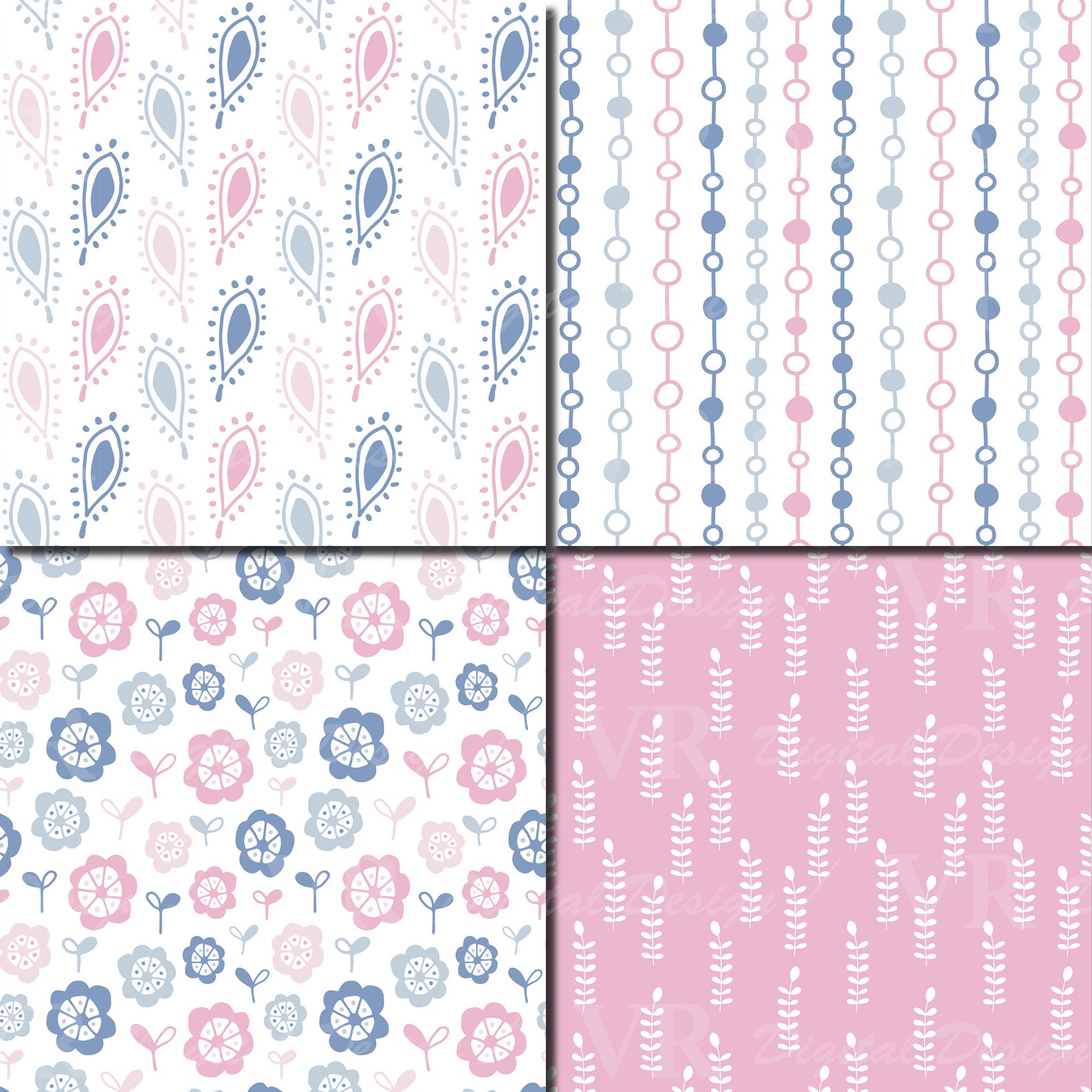 Romantic Floral Digital Paper, Blue and Pink Flowers Seamless Pattern ...