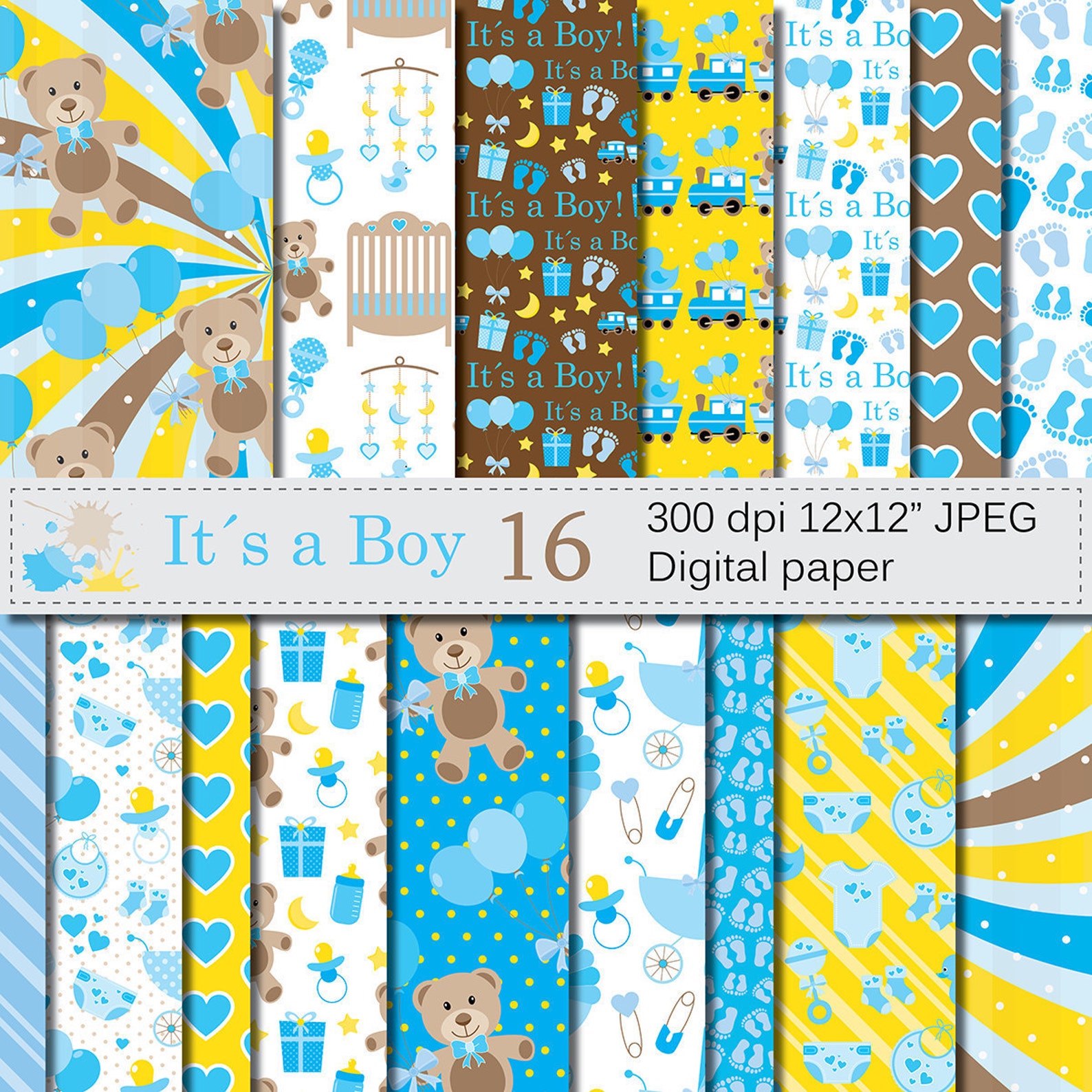 Its a Boy Digital Paper Set, Baby Boy Blue Digital Papers, Baby Shower ...