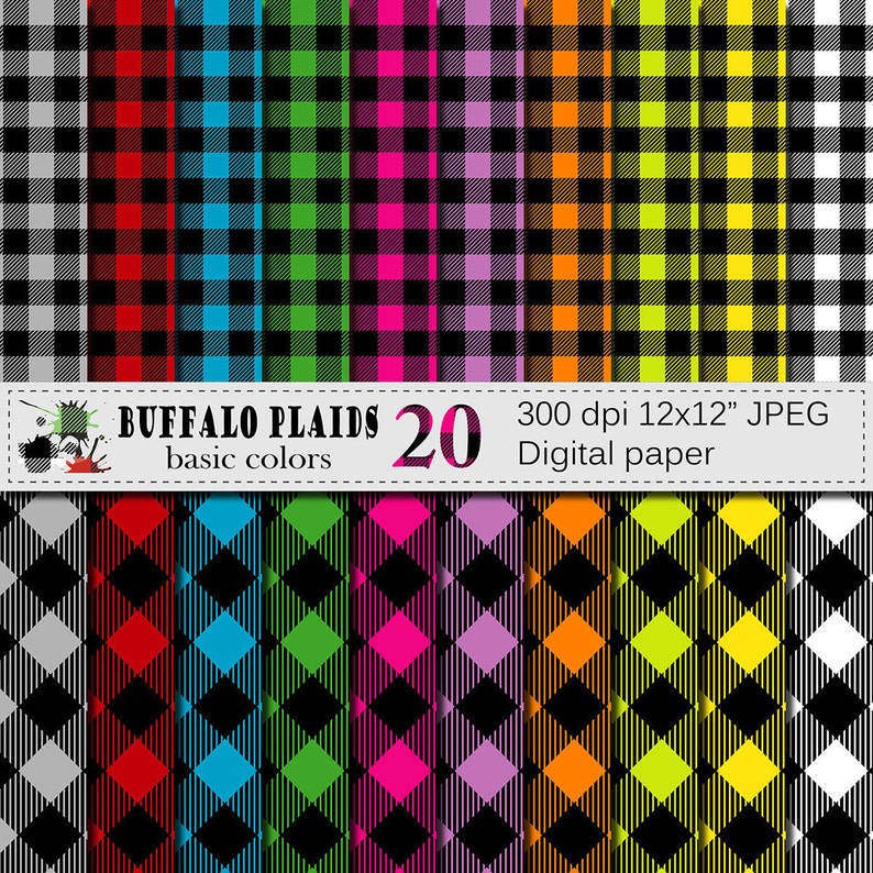 Buffalo Plaid Basic Colors Digital Paper Set, Lumberjack Checks Digital ...