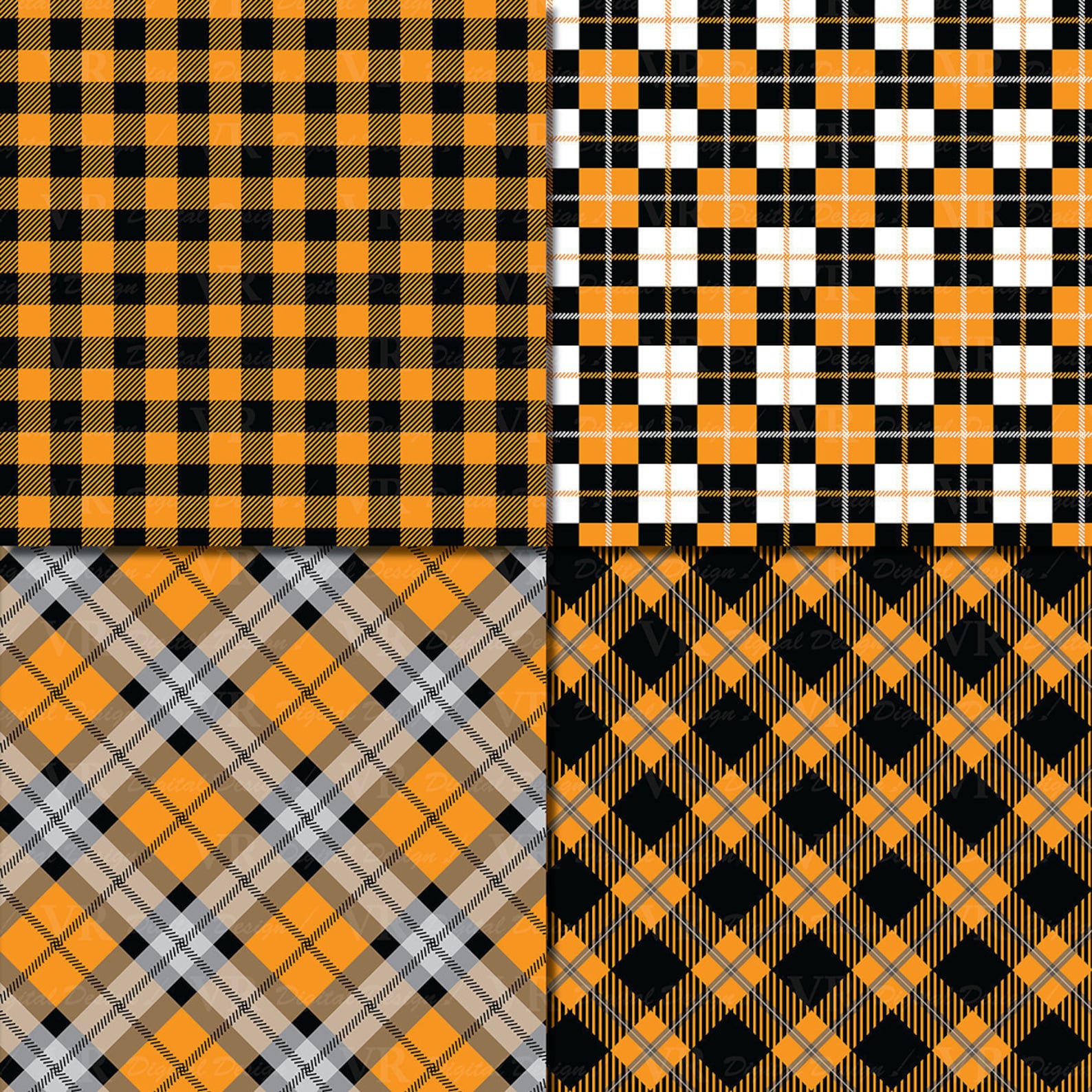 Orange and Black Plaids Digital Paper, Buffalo Plaid Lumberjack Check ...