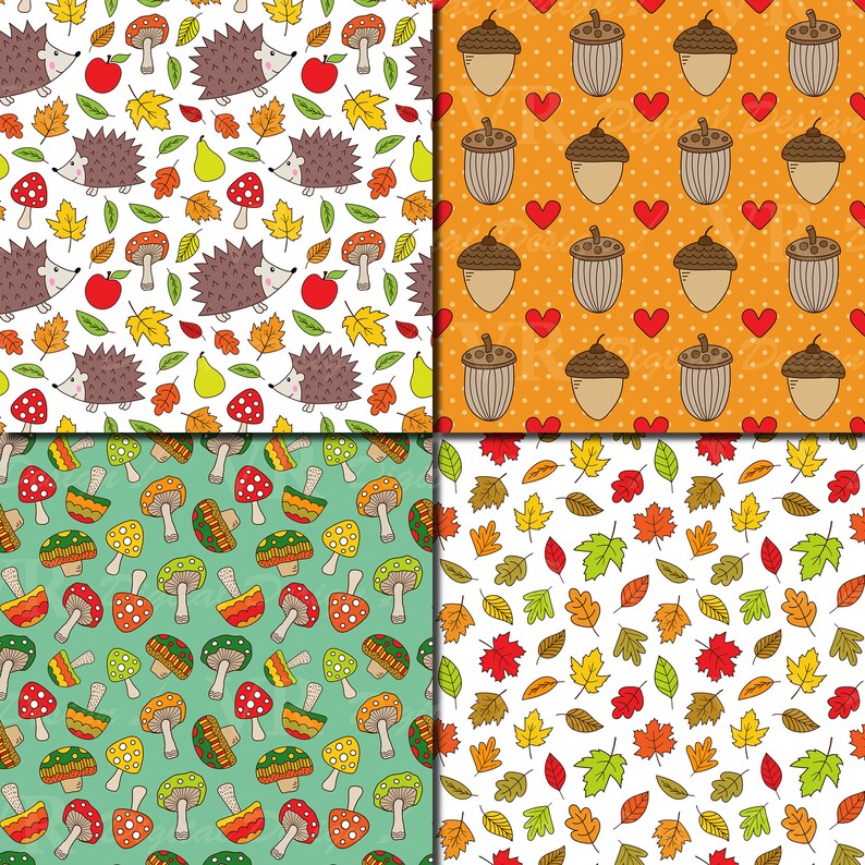 Cute Autumn Digital Paper With Hedgehog, Leaves, Mushroom, Cute Fall ...