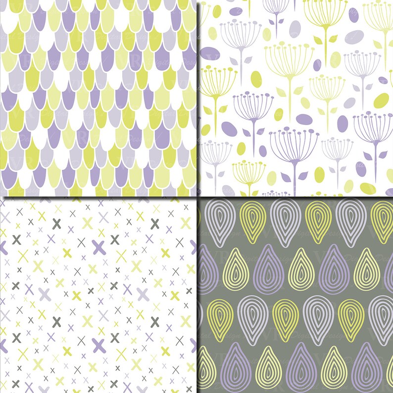 Purple and Lime Green Seamless Digital Paper, Hand Drawn Scales, Hearts ...