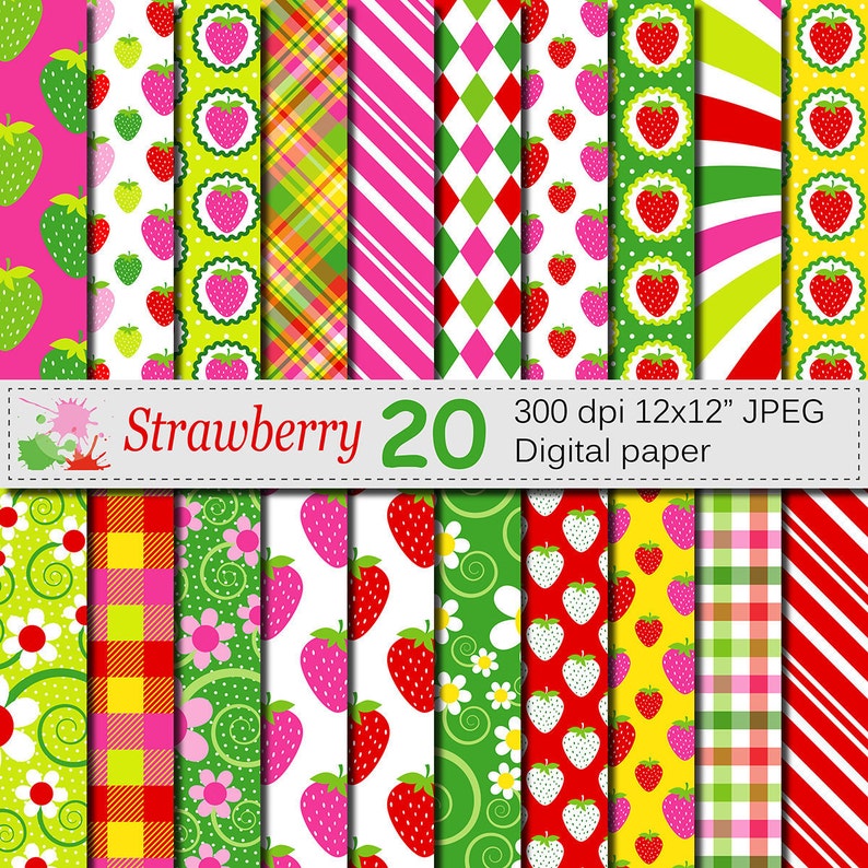 Strawberry Digital Paper, Pink Red Green Yellow Printable Scrapbook ...