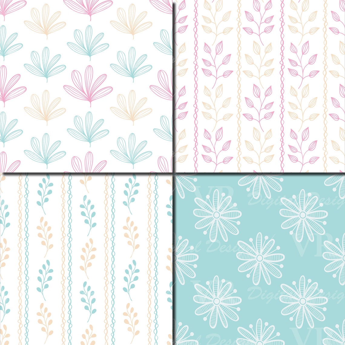 Aqua Blue and Pink Floral Digital Paper, Flower Doodles Seamless ...