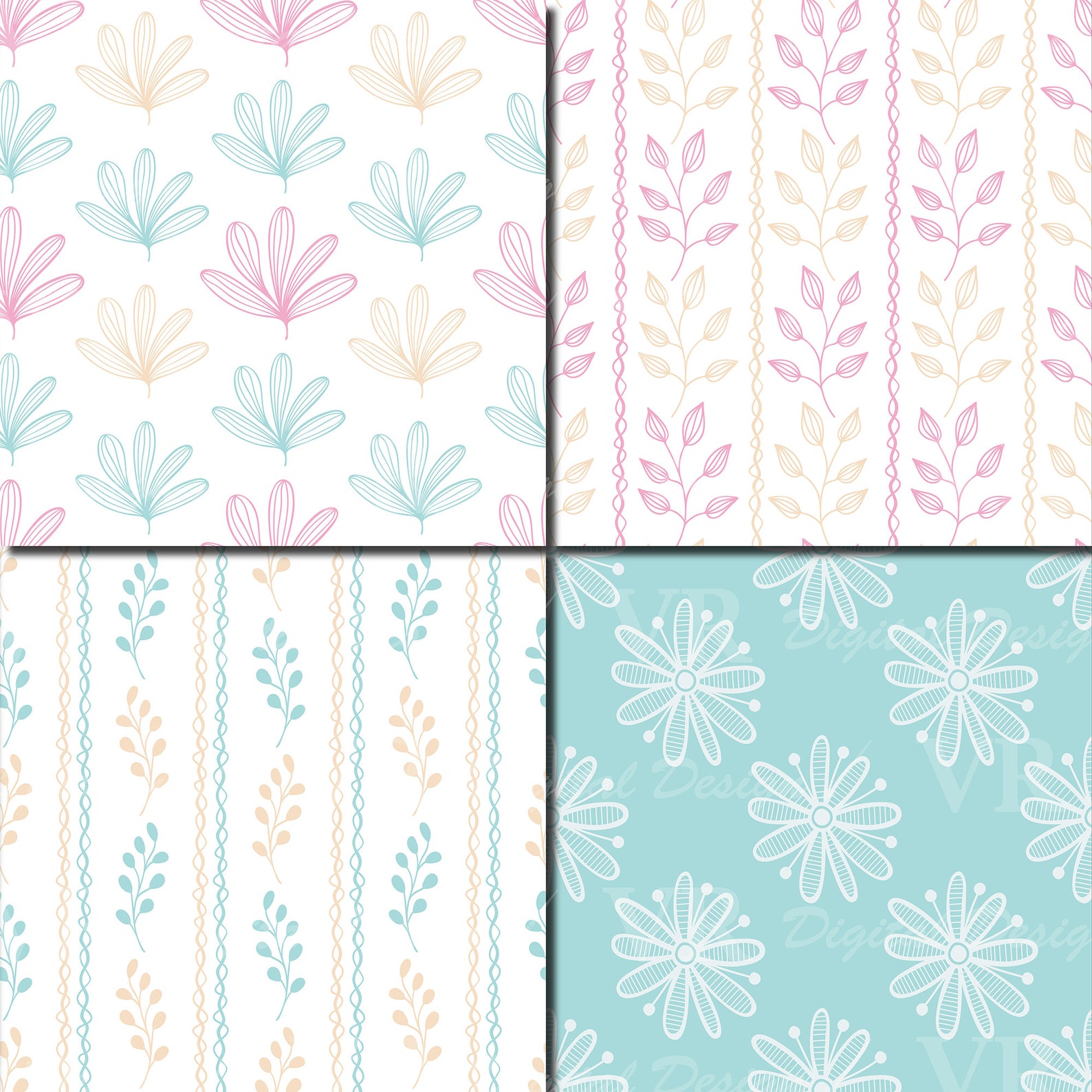Aqua Blue and Pink Floral Digital Paper, Flower Doodles Seamless ...