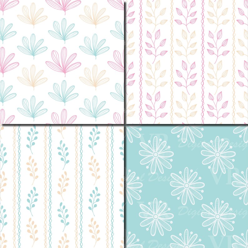 Aqua Blue and Pink Floral Digital Paper, Flower Doodles Seamless ...