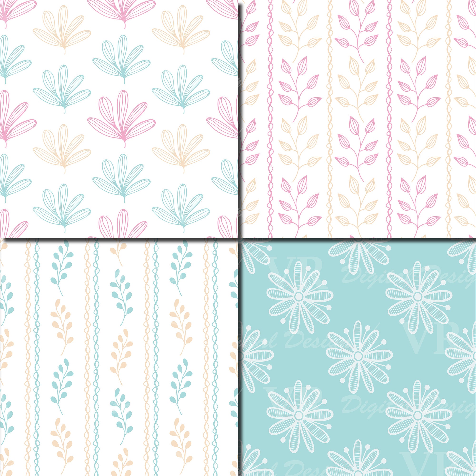 Aqua Blue and Pink Floral Digital Paper, Flower Doodles Seamless ...