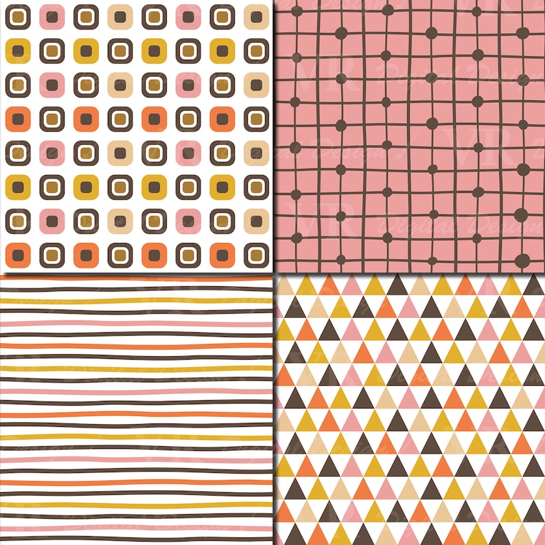Retro Geometric Digital Paper, Brown Orange Yellow Pink Seamless ...