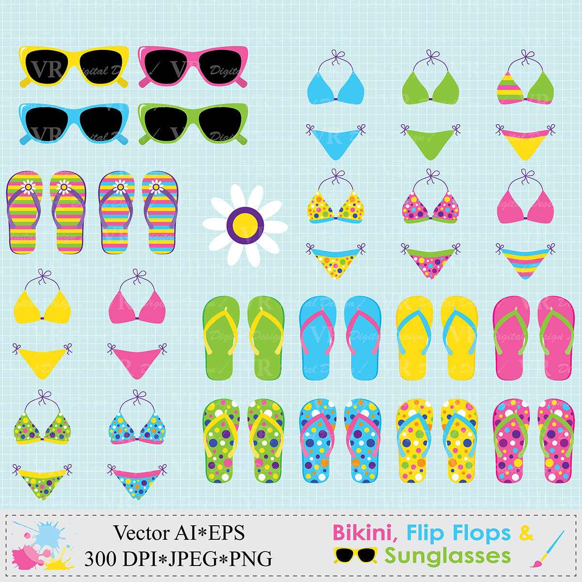 Bikini, Flip Flops, Sunglasses Clip Art, Summer Clipart, Beach Clipart ...