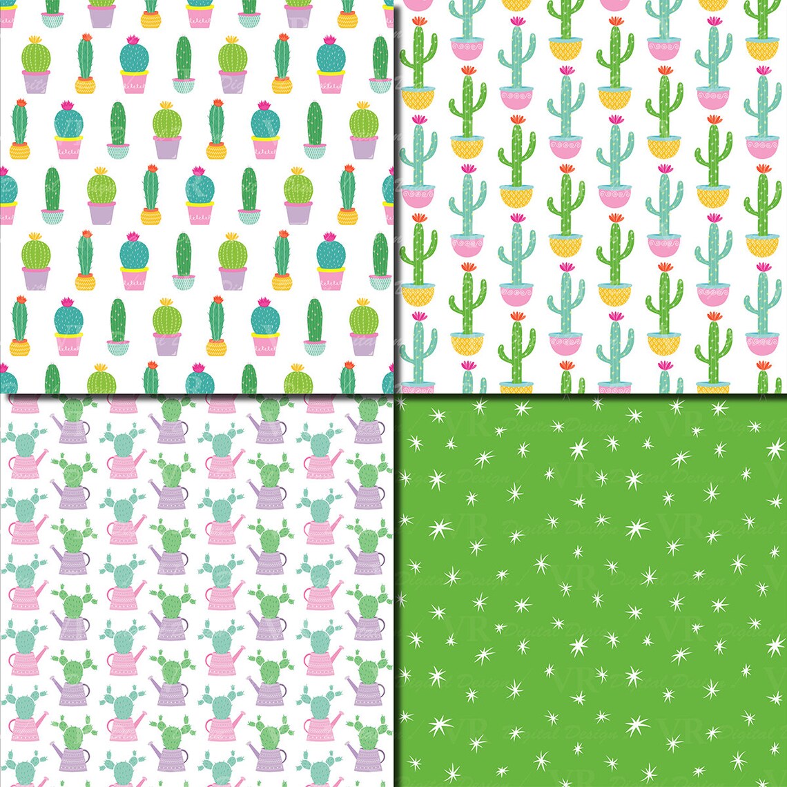 Cactus Digital Paper, Cute Cacti Plants Seamless Patterns, Bright ...