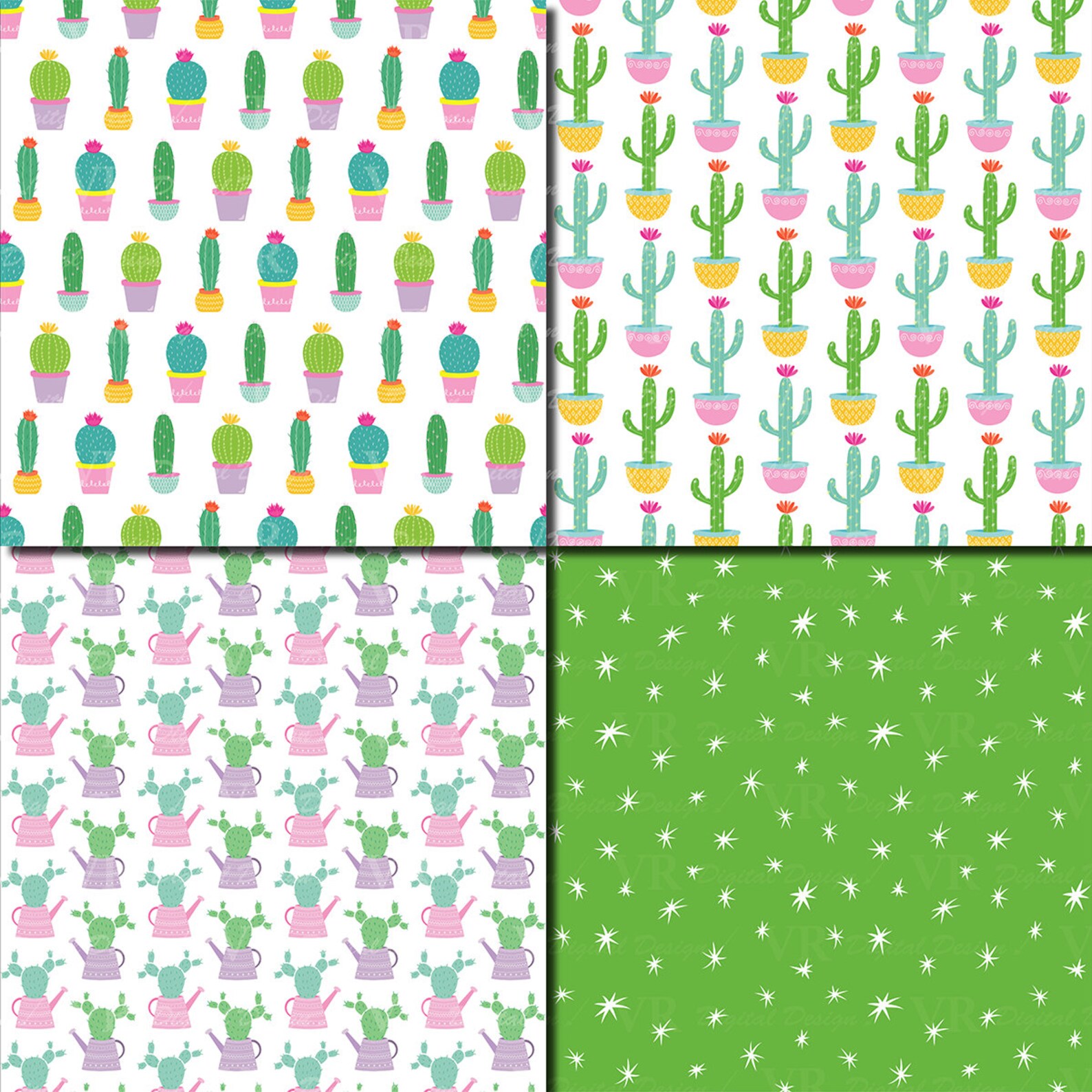 Cactus Digital Paper, Cute Cacti Plants Seamless Patterns, Bright ...