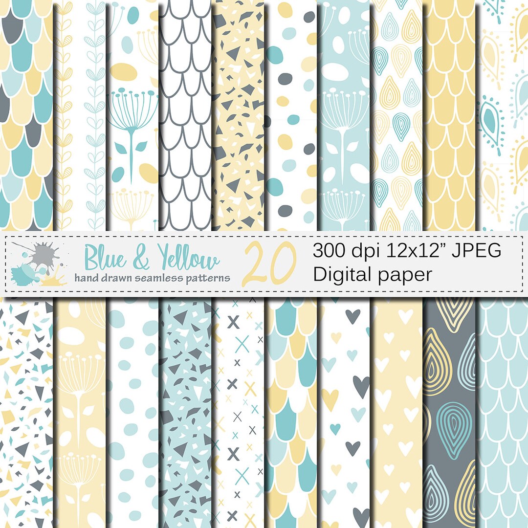 Blue and Yellow Seamless Digital Paper, Pastel Hand Drawn Scales ...