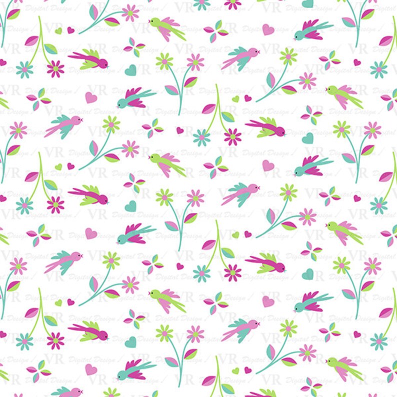 Birds and Owls Digital Paper Set, Scrapbooking Papers, Pink Green White ...