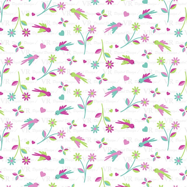 Birds and Owls Digital Paper Set, Scrapbooking Papers, Pink Green White ...