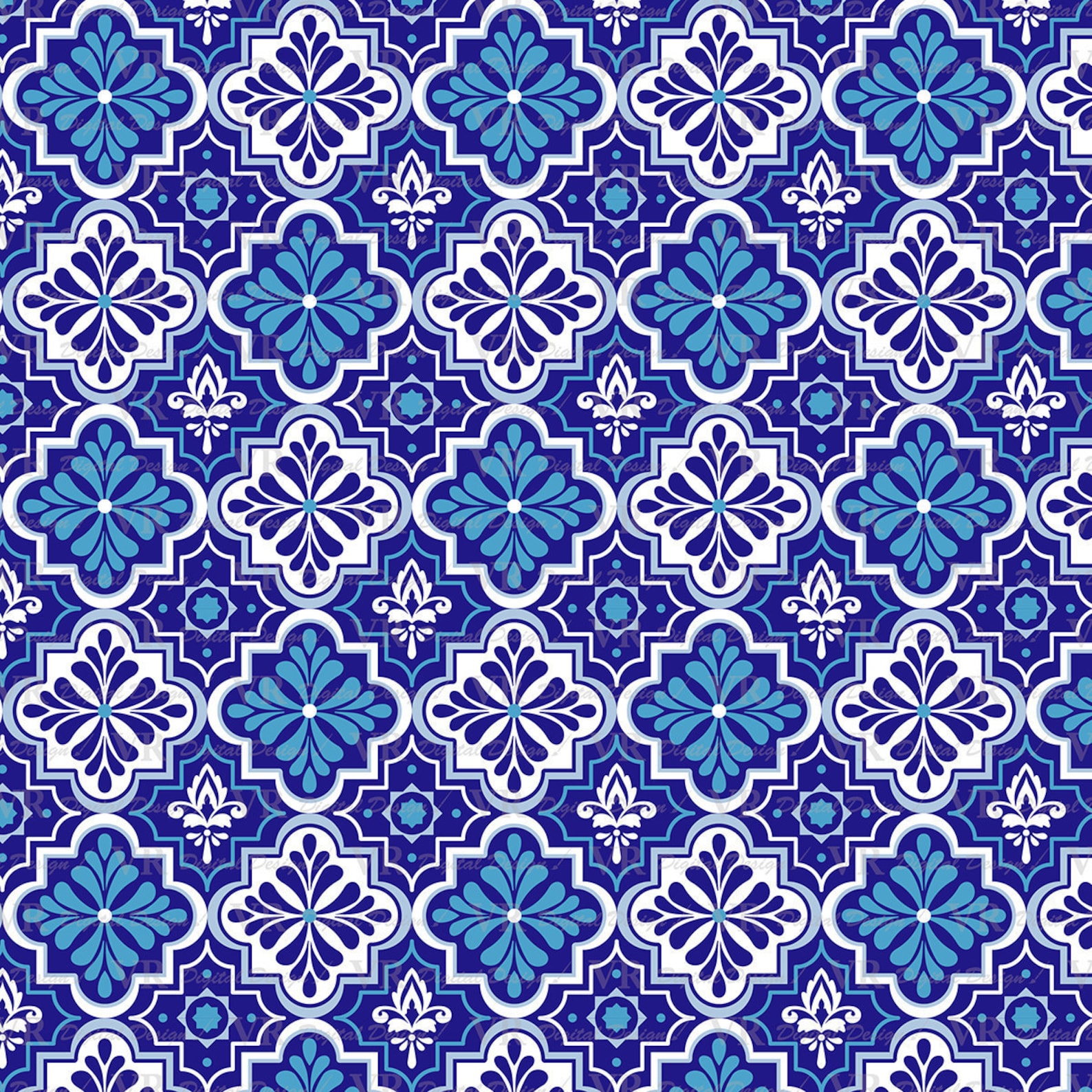 Blue Moroccan Digital Paper Set, Blue Ornamental Scrapbook Digital ...