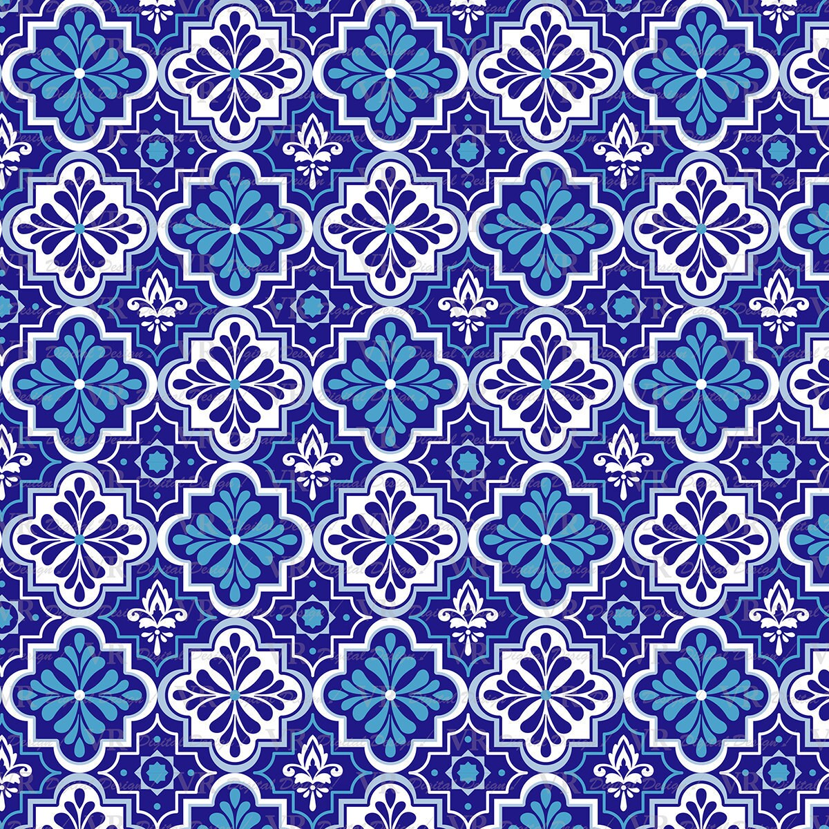 Blue Moroccan Digital Paper Set, Blue Ornamental Scrapbook Digital ...