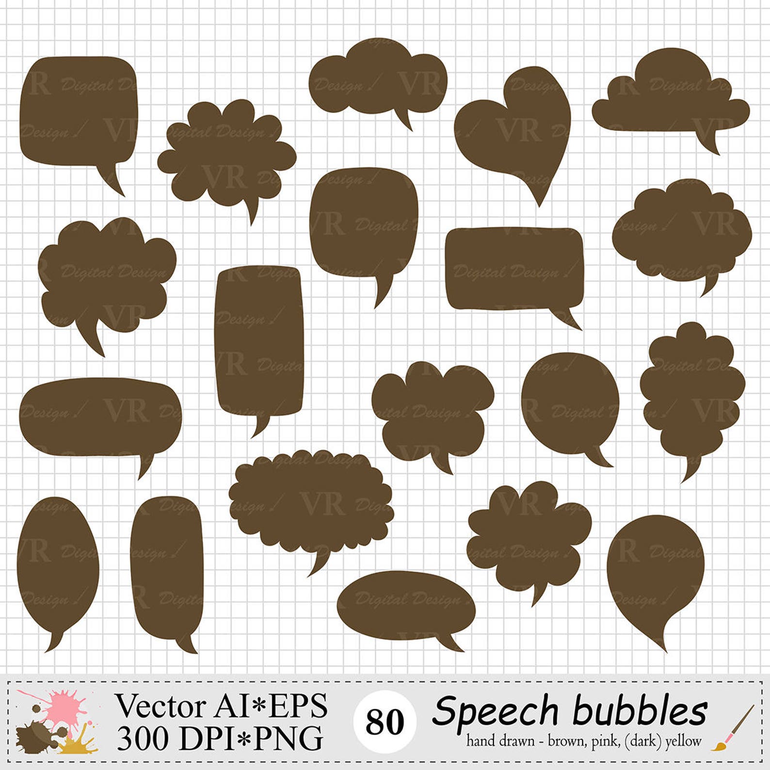 Speech Bubbles Clipart, Hand Drawn Word Bubbles Clipart, Brown Pink ...