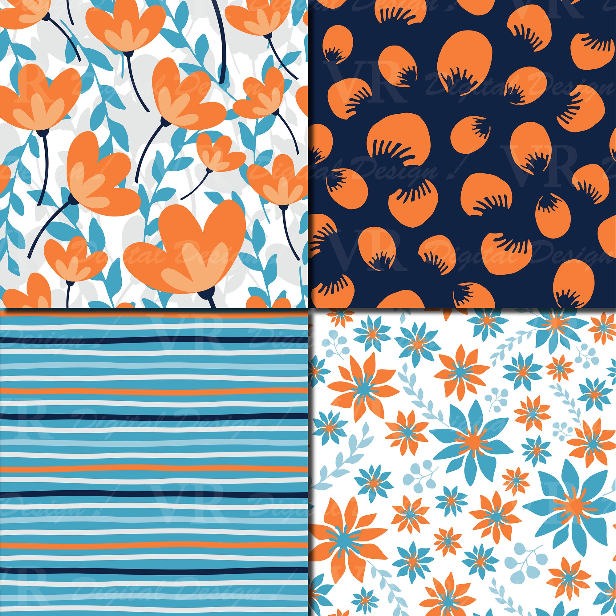 Blue and Orange Floral Digital Paper, Flowers Seamless Pattern ...